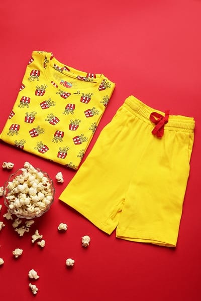 Buy 100% Cotton - Kids Top & Shorts Set in Popcorn Print - Yellow ...