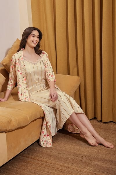 Buy Chic Basic Long Night Dress & Pretty Florals Robe in Cream Colour ...