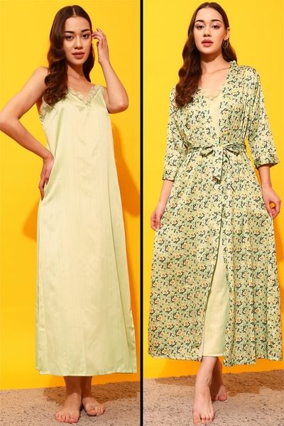 Buy 2 Pc Set in Mint Green - Long Night Dress & Floral Print Robe ...