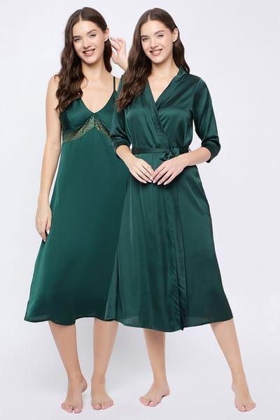 Buy Chic Basic Long Night Dress & Robe Set in Dark Green - Satin Online ...