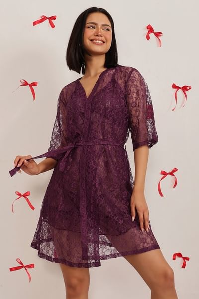Buy Chic Basic Sheer Robe in Wine - Lace Online - Clovia