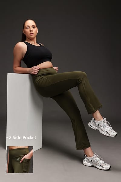 Buy Comfort Fit High Rise Flared Yoga Pants in Dark Green with Side ...