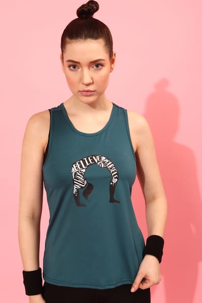 Buy Comfort Fit Printed Active Tank Top in Teal Blue Online - Clovia