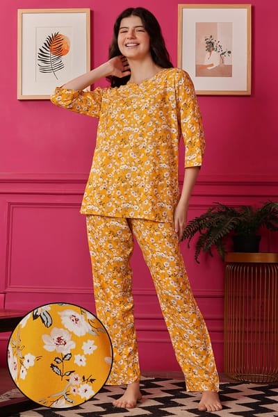 Buy Floral Print Top & Pyjama Set in Light Yellow- Rayon Online - Clovia