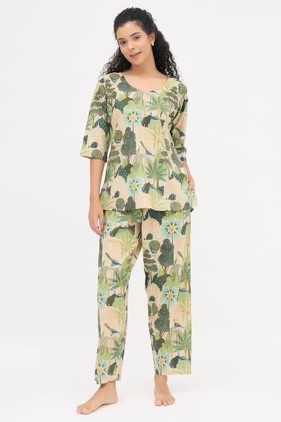 Buy Graphic Print Kurta Top & Pyjama Set in Light Green - 100% Cotton ...