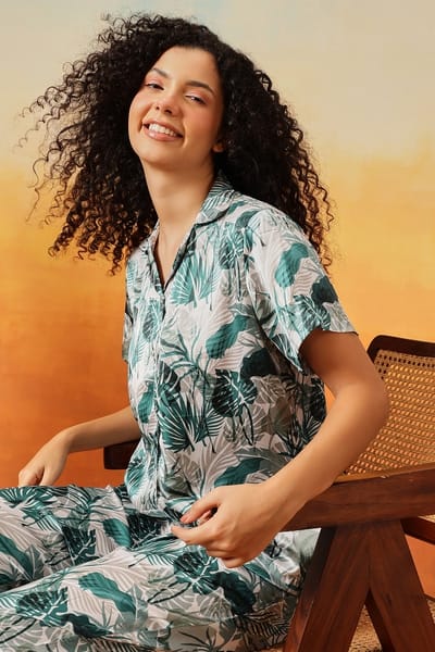 Buy Leaf Print Button-Down Shirt & Pyjama Set in Light Green - Satin ...