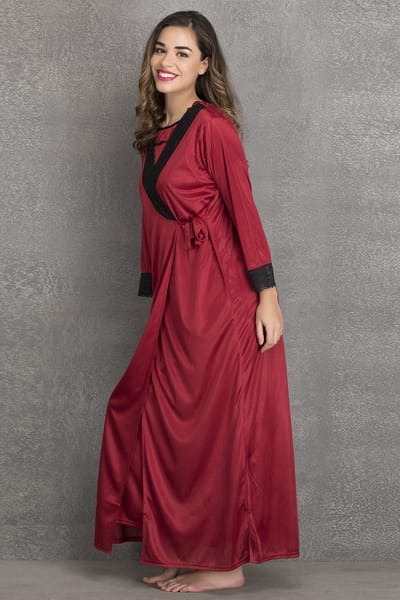 2 Pcs Satin Nightwear Set in Maroon & Black - Long Robe & Nightie ...