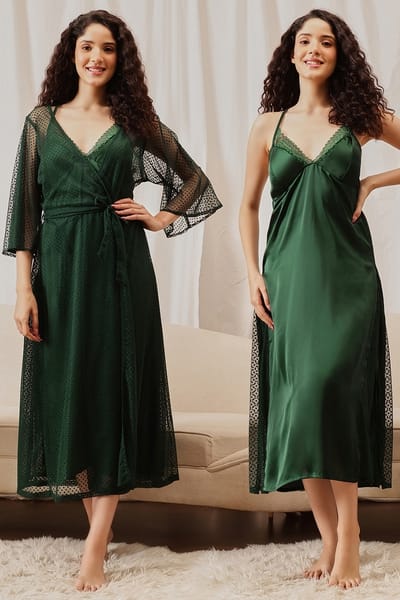 Buy Long Nighty & Robe Set in Bottle Green - Satin & Georgette Online ...