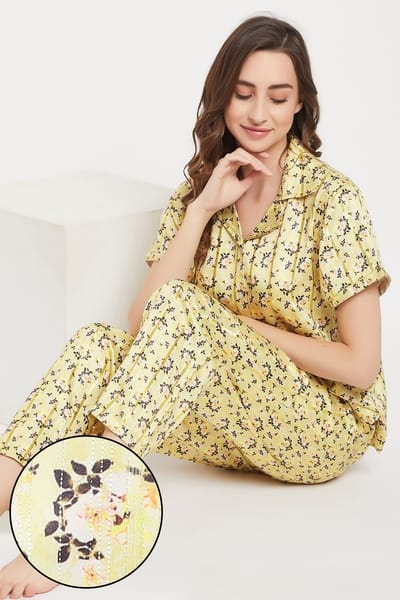 Buy Pretty Florals Button Down & Pyjama Set in Golden Beige - Satin ...