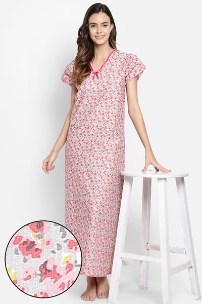 Buy Print Me Pretty Long Nighty in Pink - 100% Cotton Online - Clovia