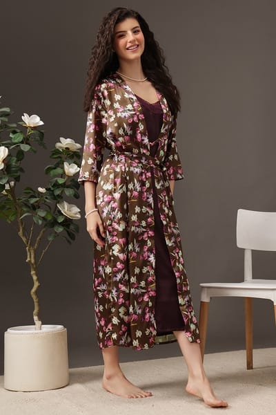 Buy Long Nighty & Robe Set in Wine Colour - Satin Online - Clovia