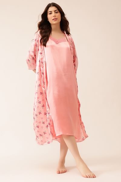 Buy Floral Print Long Nighty & Robe Set in Light Pink - Satin Online ...