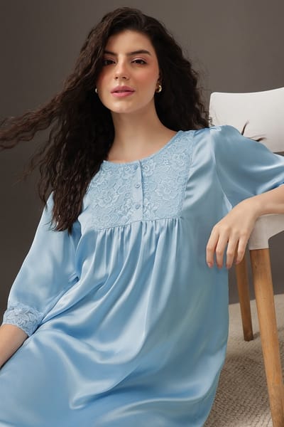 Buy Chic Long Nighty In Light Blue Satin Online Clovia