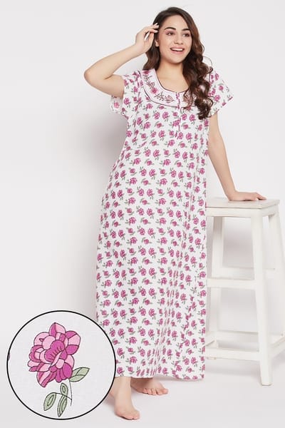 Buy Pretty Florals Long Night Dress in White - 100% Cotton Online - Clovia