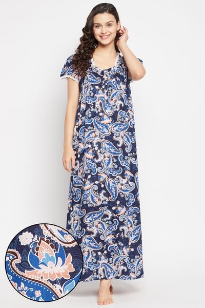 Buy Paisley Print Long Night Dress in Navy Blue - Rayon Online - Clovia