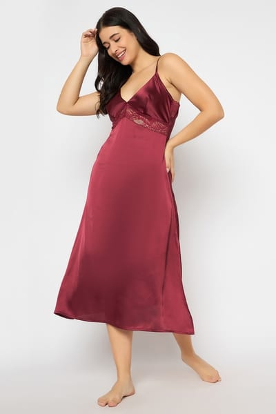 Buy Chic Basic Padded Long Nighty in Maroon - Satin Online - Clovia
