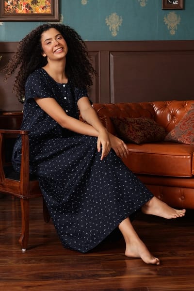 Buy Floral Print Long Nighty in Navy Colour - 100% Cotton Online - Clovia