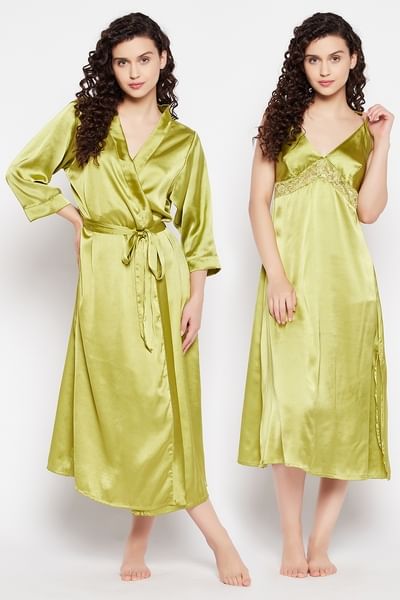 Buy Chic Basic Night Dress & Robe Set in Lime Green Online - Clovia