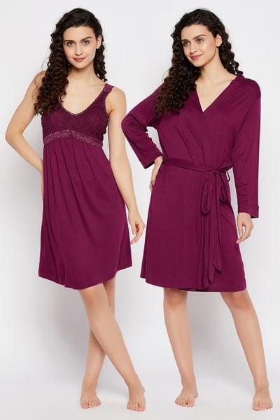 Buy Chic Basic Short Night Dress & Robe Set in Wine Colour - Cotton ...