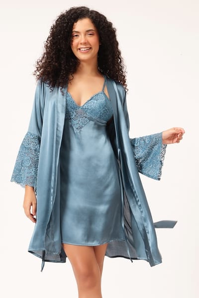 Buy Padded Babydoll & Robe Set in Sky Blue - Satin Online - Clovia