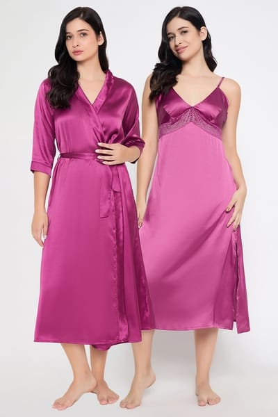 Buy Chic Basic Long Night Dress & Robe Set in Magenta - Satin Online ...