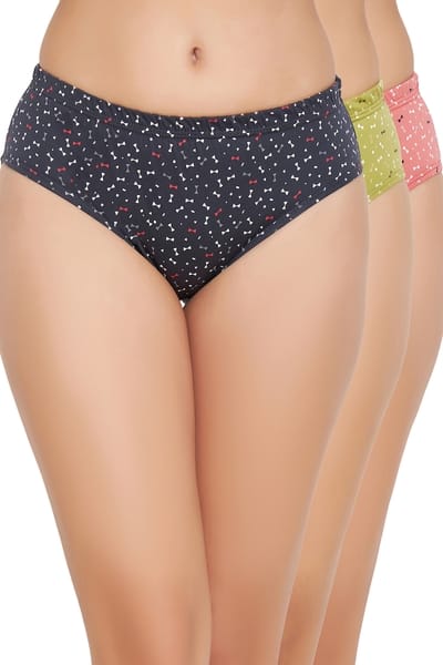 Buy Pack of 3 Mid Waist Bow Print Hipster Panties with Inner Elastic - 100% Cotton Online - Clovia