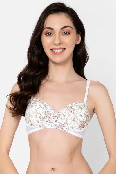 Buy Padded Non-Wired Demi Cup Floral Print Balconette Bra in White Online - Clovia