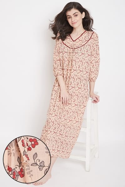 Buy Pretty Florals Long Night Dress in Pink- 100% Cotton Online - Clovia