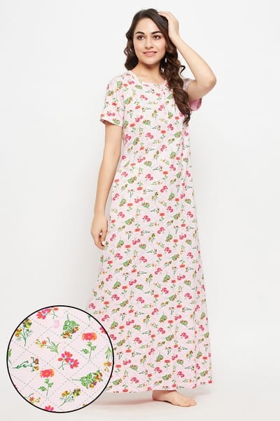 Buy Pretty Florals Long Night Dress in Pink - 100% Cotton Online - Clovia