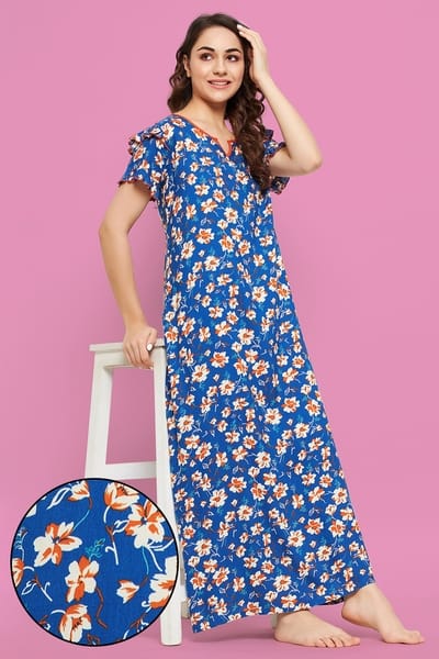 Buy Pretty Florals Long Night Dress in Royal Blue - Rayon Online - Clovia