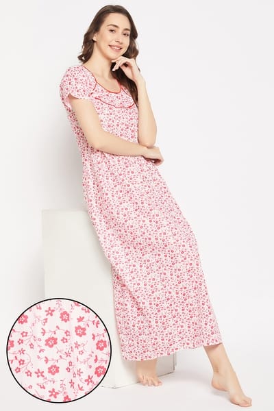 Buy Pretty Florals Long Nighty in White - 100% Cotton Online - Clovia