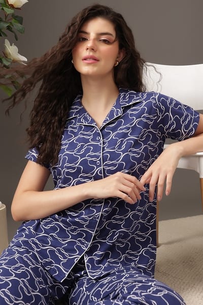 Buy Printed Button-Down Shirt & Pyjama Set in Midnight Blue - 100% ...