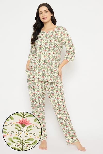 Buy Printed Top & Pyjama Set in White - Rayon Online - Clovia