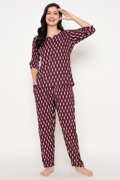 Buy Printed Top & Pyjama Set in Wine Colour - Rayon Online - Clovia