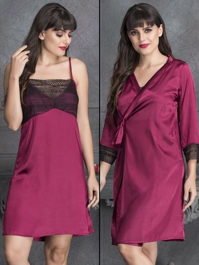 Buy Short Night Dress & Full Sleeves Robe in Purple- Satin Online - Clovia
