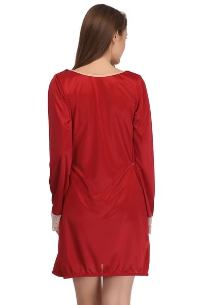 Buy Short Night Dress & Full Sleeves Robe Set in Maroon- Satin Online ...
