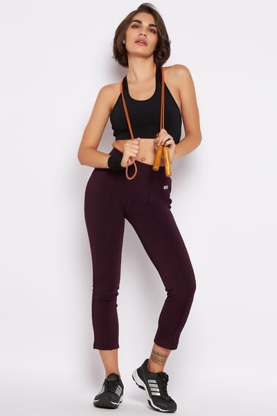 Buy Snug Fit High-Rise Active Straight Pants in Plum Colour Online - Clovia