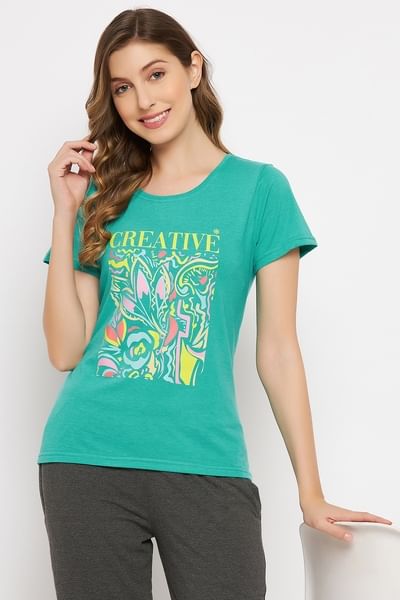 Buy Text & Graphic Print Top in Green - 100% Cotton Online - Clovia