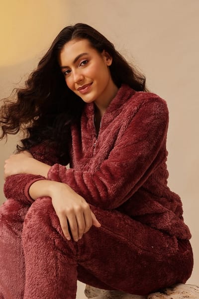 Buy Warm & Fluffy Jacket & Pyjama Set in Brick Red - Fleece Online - Clovia