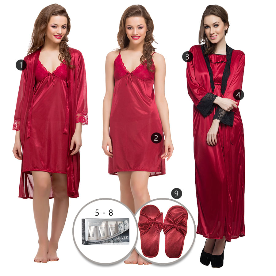 Buy 9 Pc Satin Nightwear Set - Maroon Online India, Best Prices, COD ...