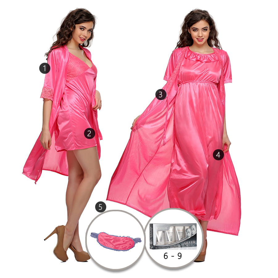 Buy 9 Pc Satin Nightwear Set - Pink Online India, Best Prices, COD ...