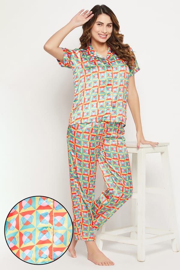 Buy Abstract Print Button Down Shirt & Pyjama Set in Multicolour ...