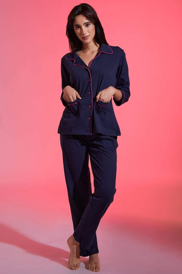 Buy Chic Basic Button Down Shirt & Pyjama Set in Navy - 100% Cotton ...