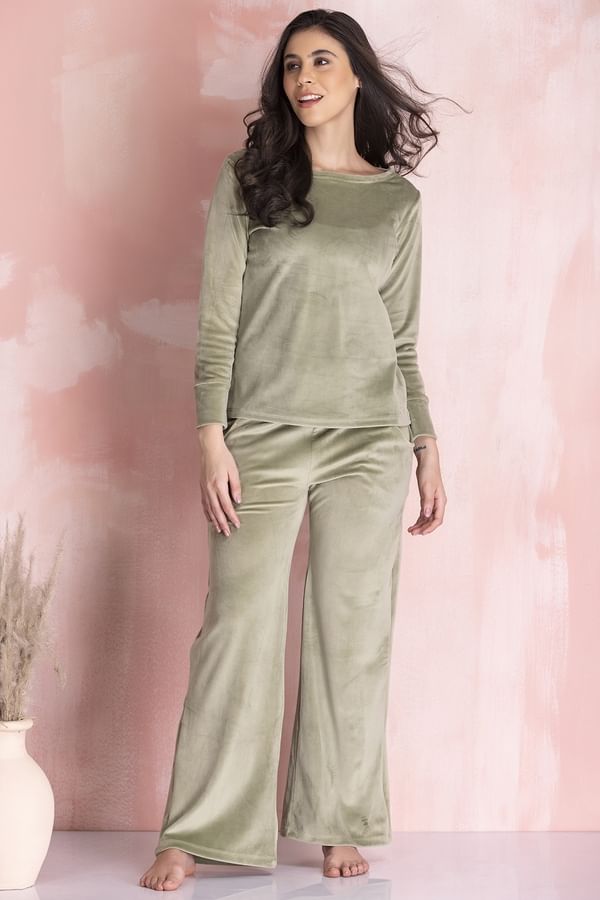 Buy Chic Basic Top & Flared Pyjama Set in Olive Green - Velour Online ...
