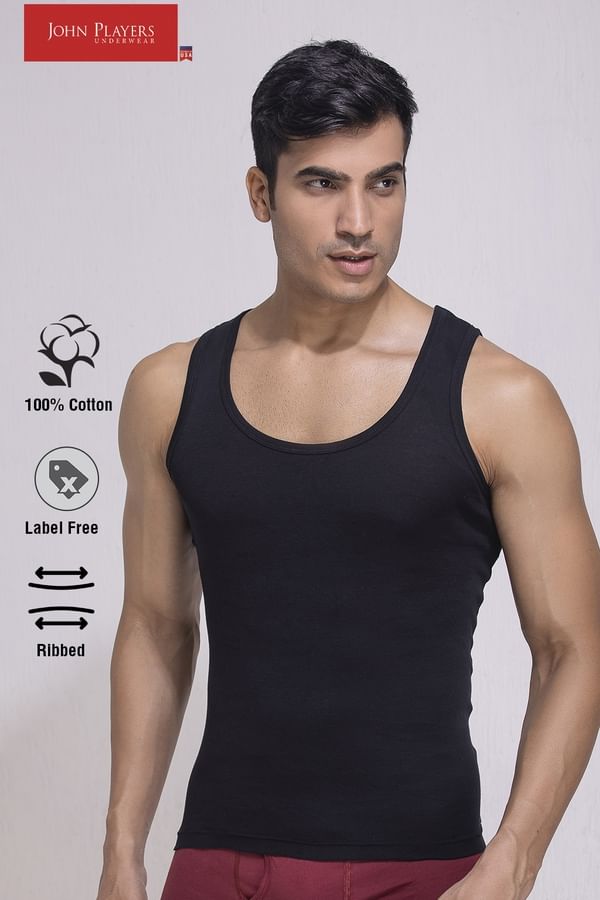 Buy John Players Classic Ribbed Cotton Vest in Black Online India, Best Prices, COD - Clovia ...