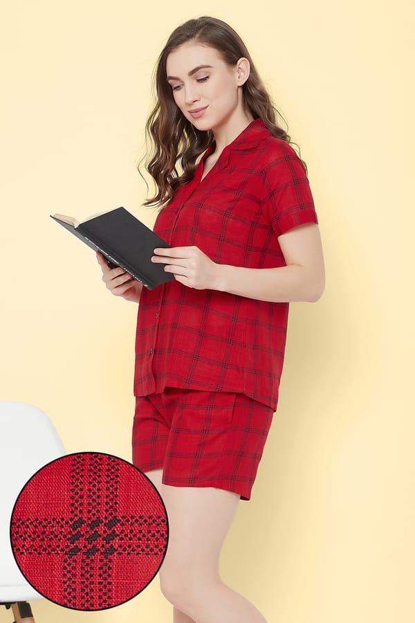 Buy Classy Checks Button Down Shirt & Shorts Set in Red - Rayon Online ...
