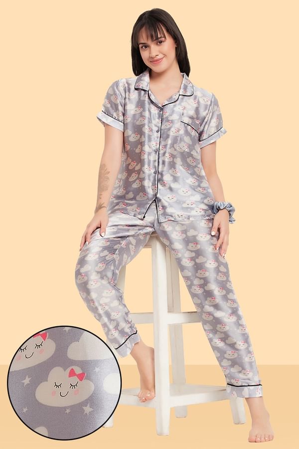 Buy Cloud Print Button Down Shirt & Pyjama Set in Light Grey - Satin ...