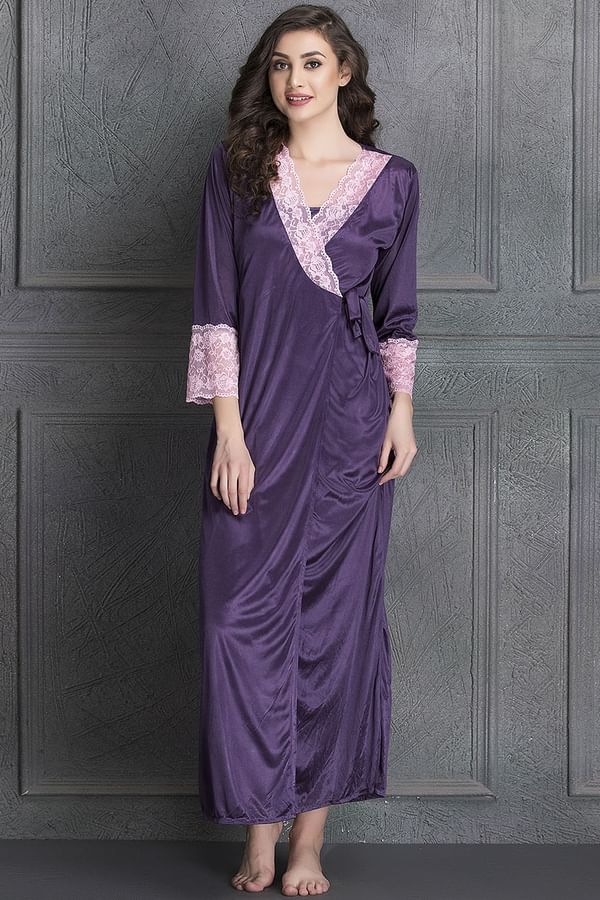 Buy Long Satin Robe with Lace Online India, Best Prices, COD - Clovia ...