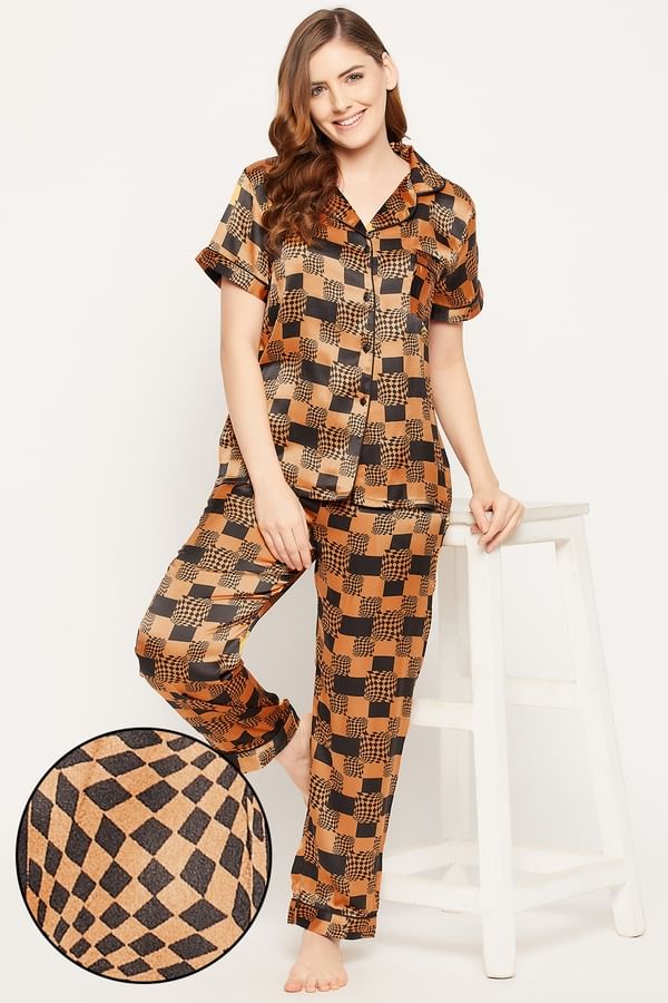 Buy Print Me Pretty Button Down Shirt & Pyjama Set in Brown Online ...