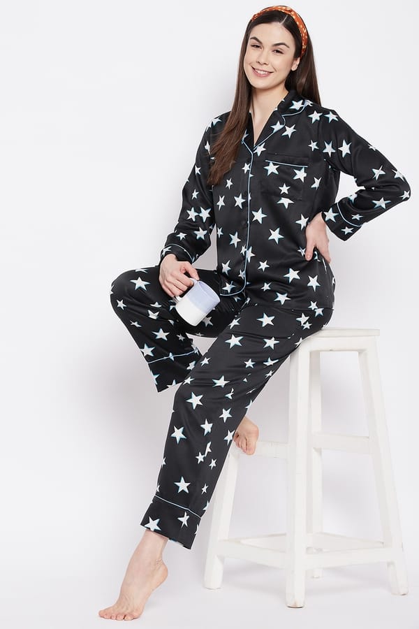 Buy Star Print Button Down Shirt & Pyjama Set in Black - Satin Online ...